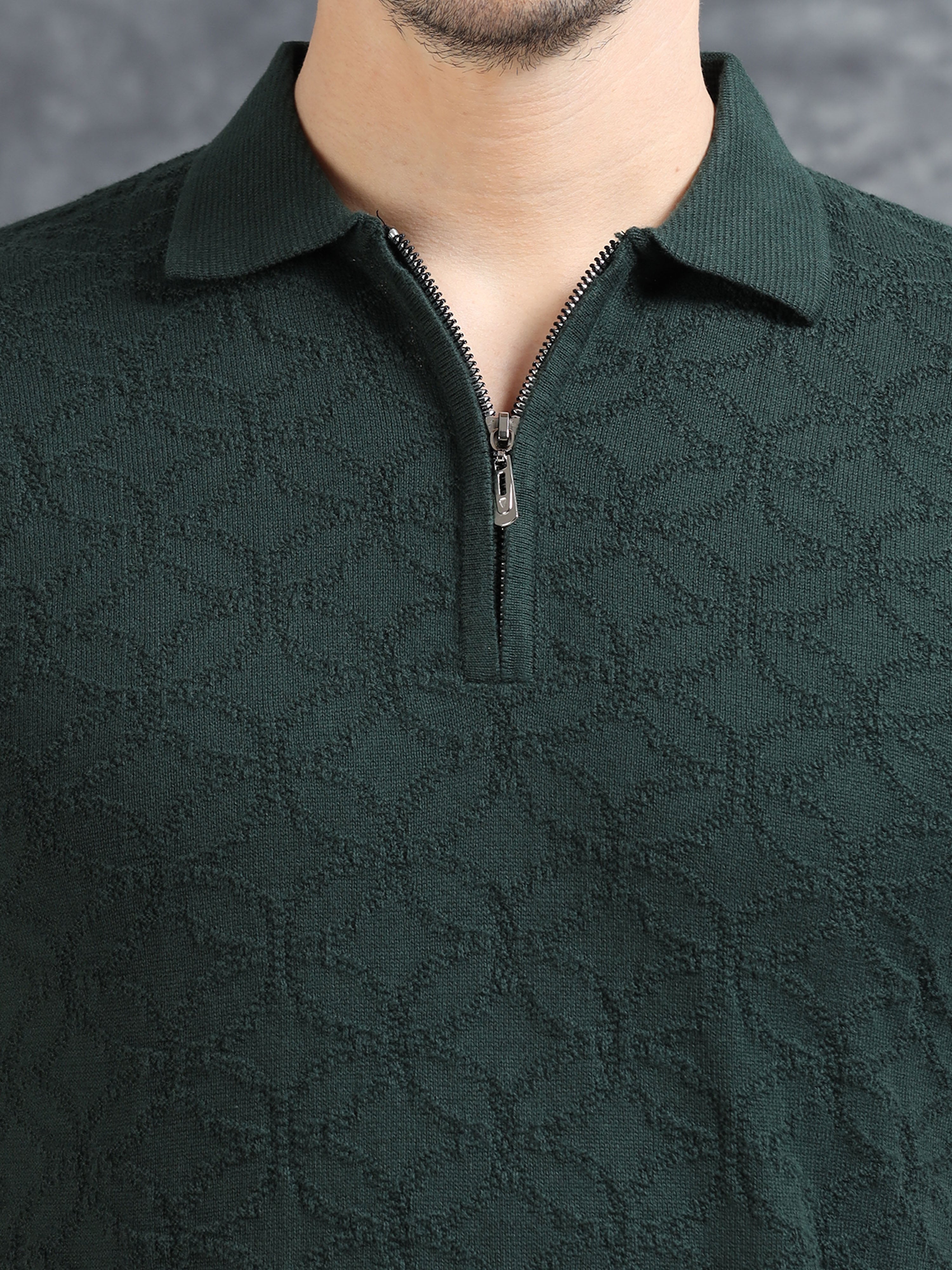 Ribbed Design Zipper Polo T-Shirt- Dark Green